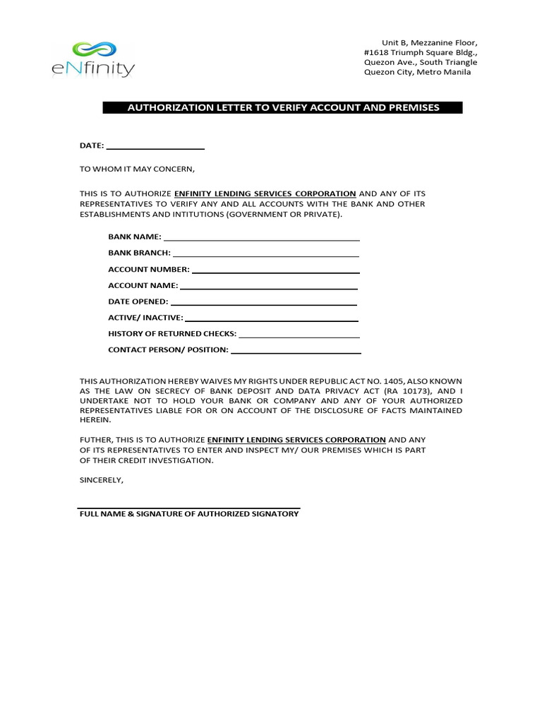 Authorization Letter for Account Verification | PDF