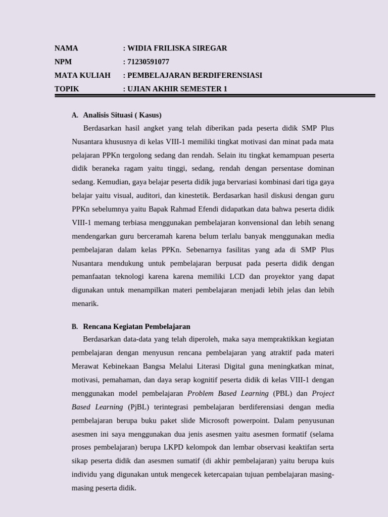 Uas Pembelajaran Berdiferensiasi | PDF | Karier & Perkembangan | Seni