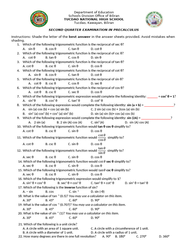 2nd Grading - P. Test in Precalculus | PDF | Angle | Trigonometry