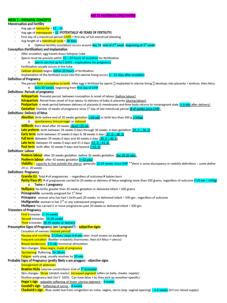 NSE 31 Maternal Child Midterm Notes.docx | PDF | Pregnancy | Childbirth