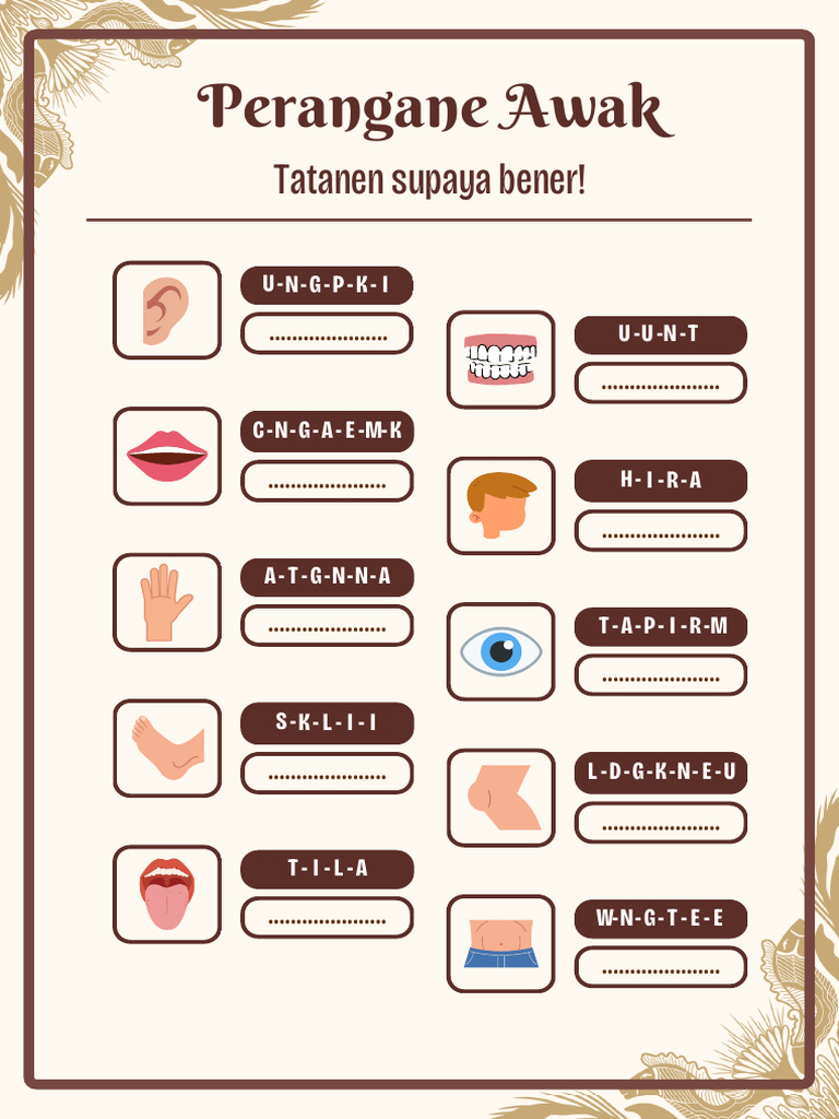 Lembar Kerja Bahasa Jawa Perangane Awak Kelas 1 SD Warna Coklat | PDF