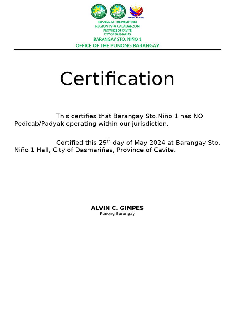 Certification of No Pedicabs in Barangay Sto. Niño 1 | PDF