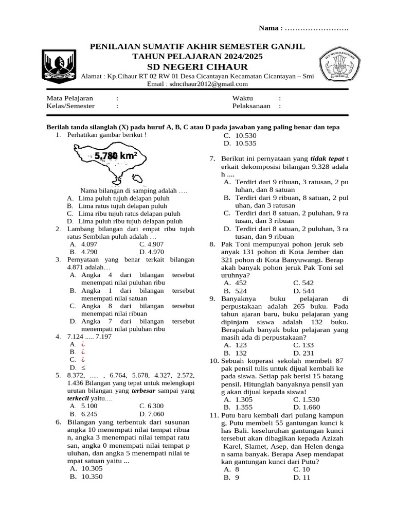 Form Naskah - Soal Matematika 1 Fix | PDF