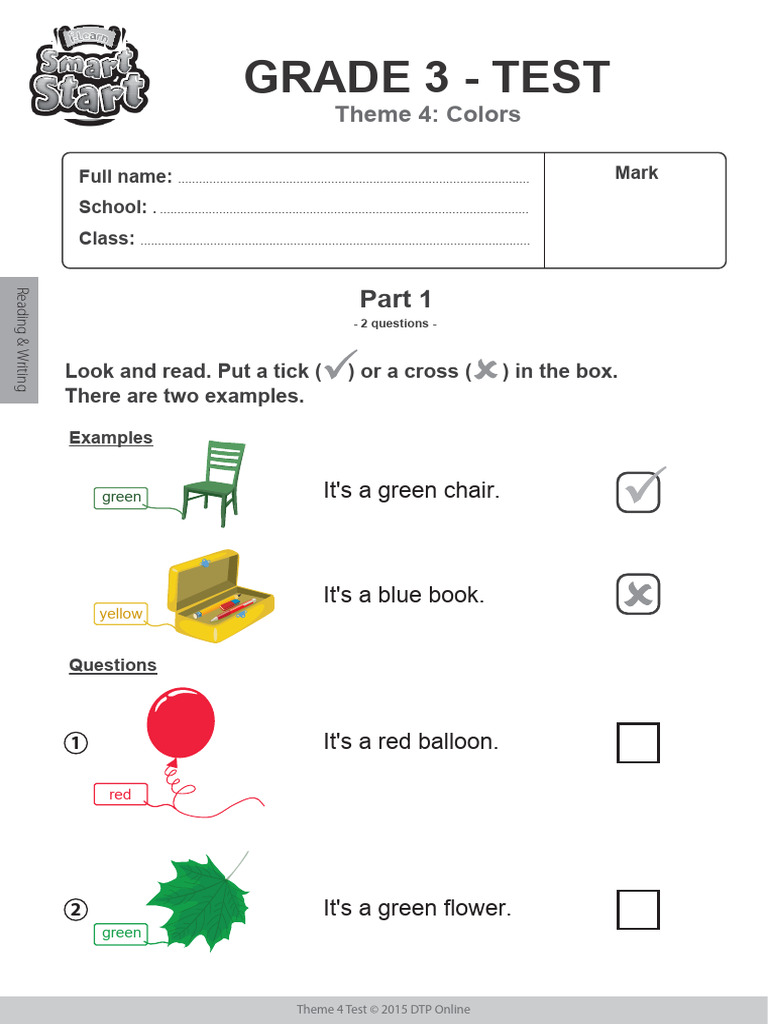 I-Learn Smart Start Grade 3 Theme 4 - Reading & Writing Test | PDF | Color