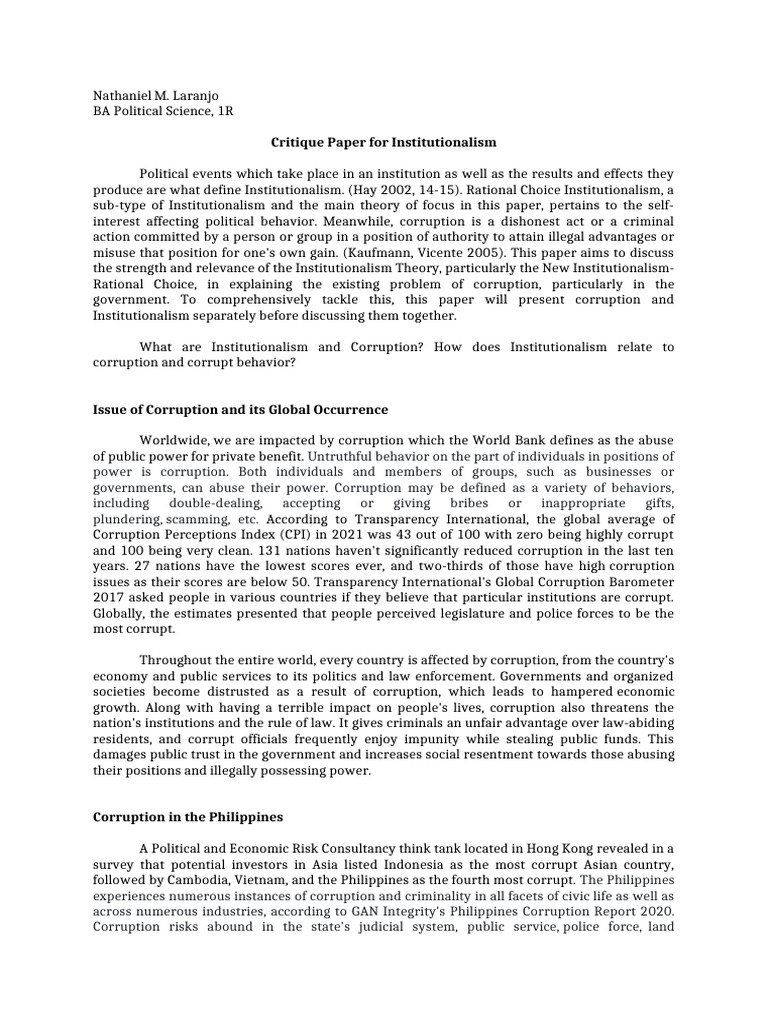 Institutionalism - Short Critique Paper | PDF | Rationality | Corruption