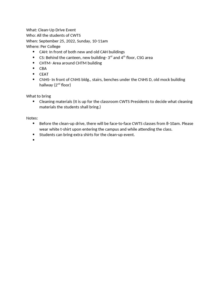 CWTS - Clean-Up Drive Details | PDF