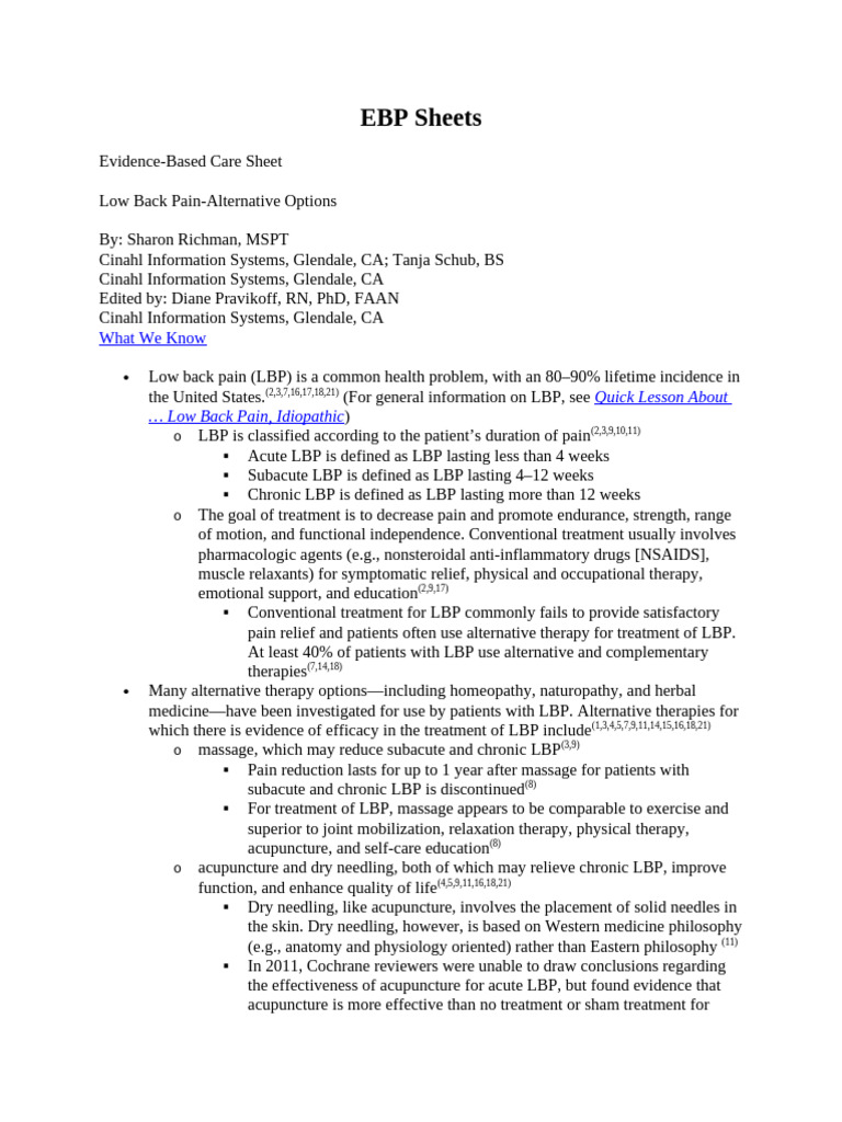 EBP Sheets Central Nervous System | PDF | Low Back Pain | Palliative Care