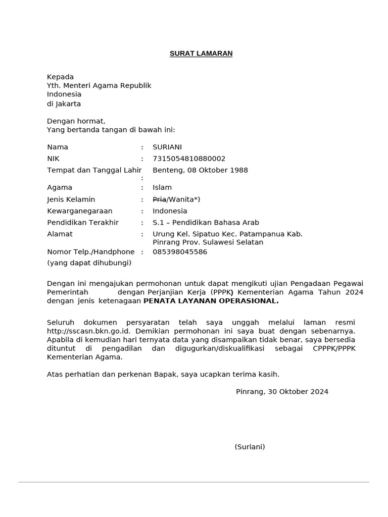 surat lamaran suriani 2024 | PDF