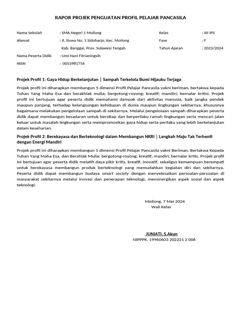 Rapor Projek Penguatan Profil Pelajar Pancasila | PDF