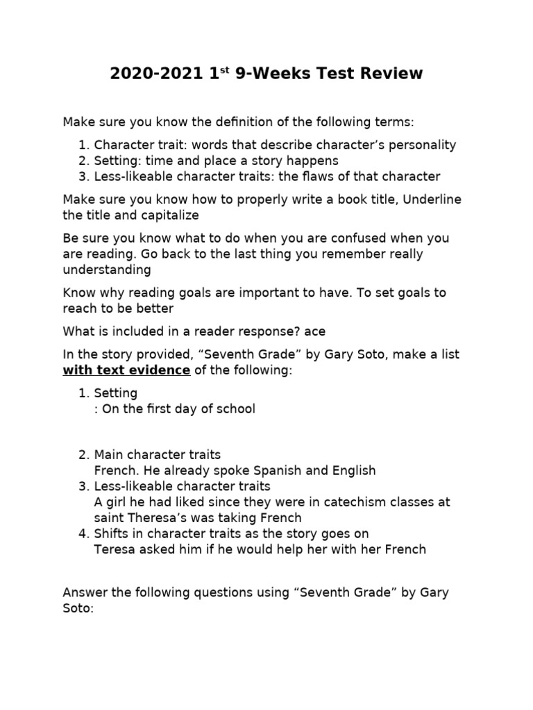 2020-2021 1st 9-Weeks Test Review | PDF