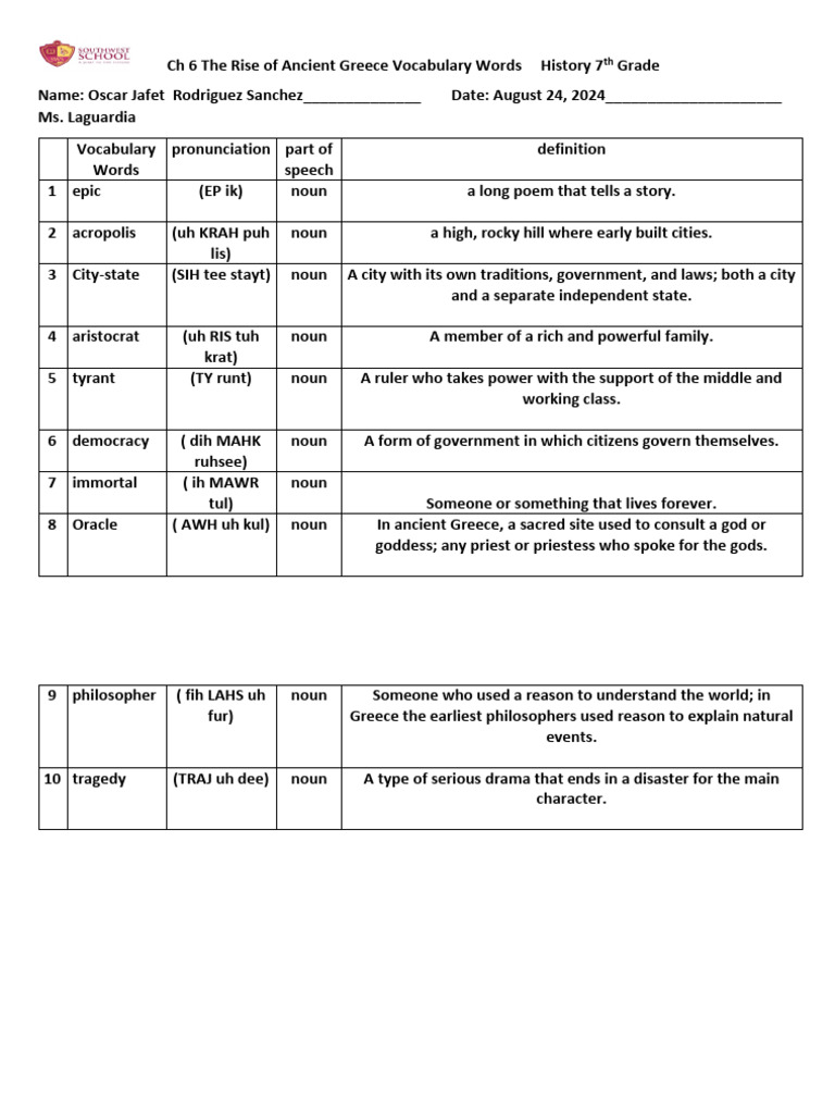 Ancient Greece Vocabulary for 7th Grade | PDF