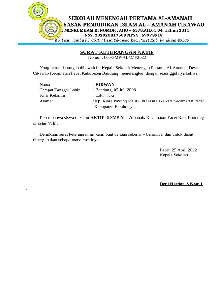 Kop Surat SMP Al - Amanah | PDF