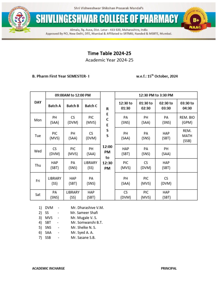 B Pharm_ ODD SEM Timetable 2024-25 | PDF