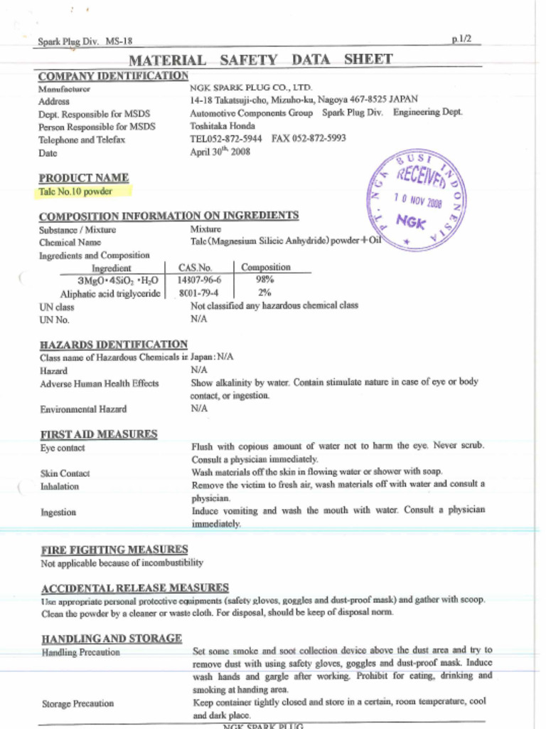 1. MSDS Raw Material - Talc powder No. 10 | PDF