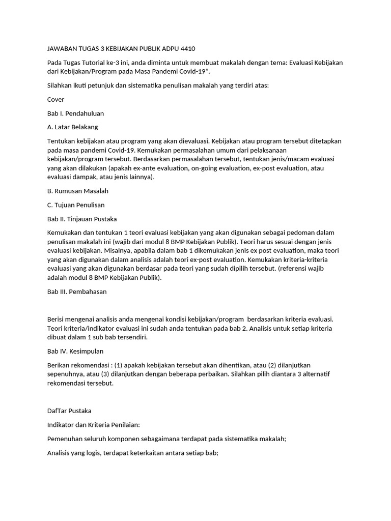 Jawaban Tugas 3 Kebijakan Publik Adpu 4410 | PDF