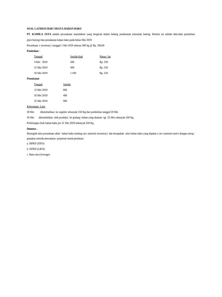 Soal Latihan Bab 3 Biaya Bahan Baku | PDF