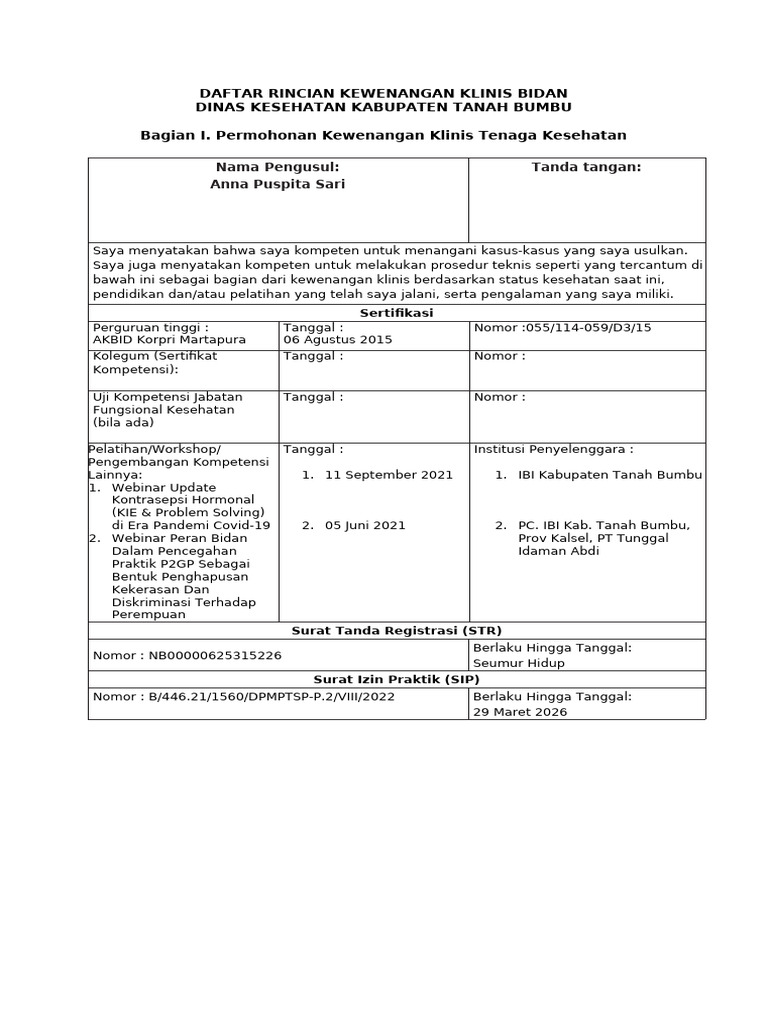 Form Usulan Kewenangan Klinis Kredensial | PDF