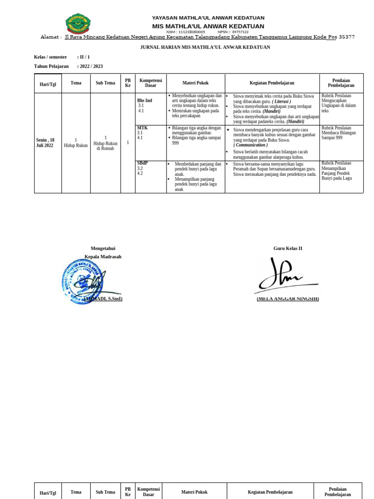 Jurnal Pembelajaran Kelas II MIS Mathla'ul Anwar | PDF