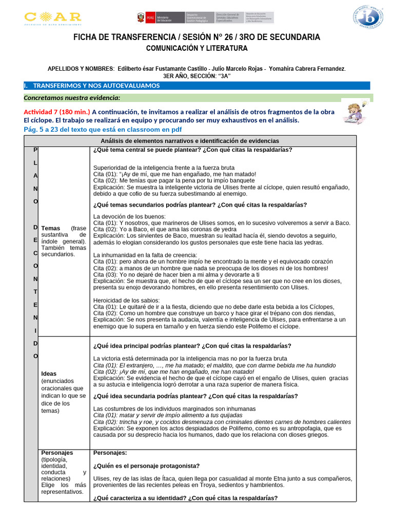 Ficha de Transferencia Ses 26 - 3ro - Com y Lit | PDF