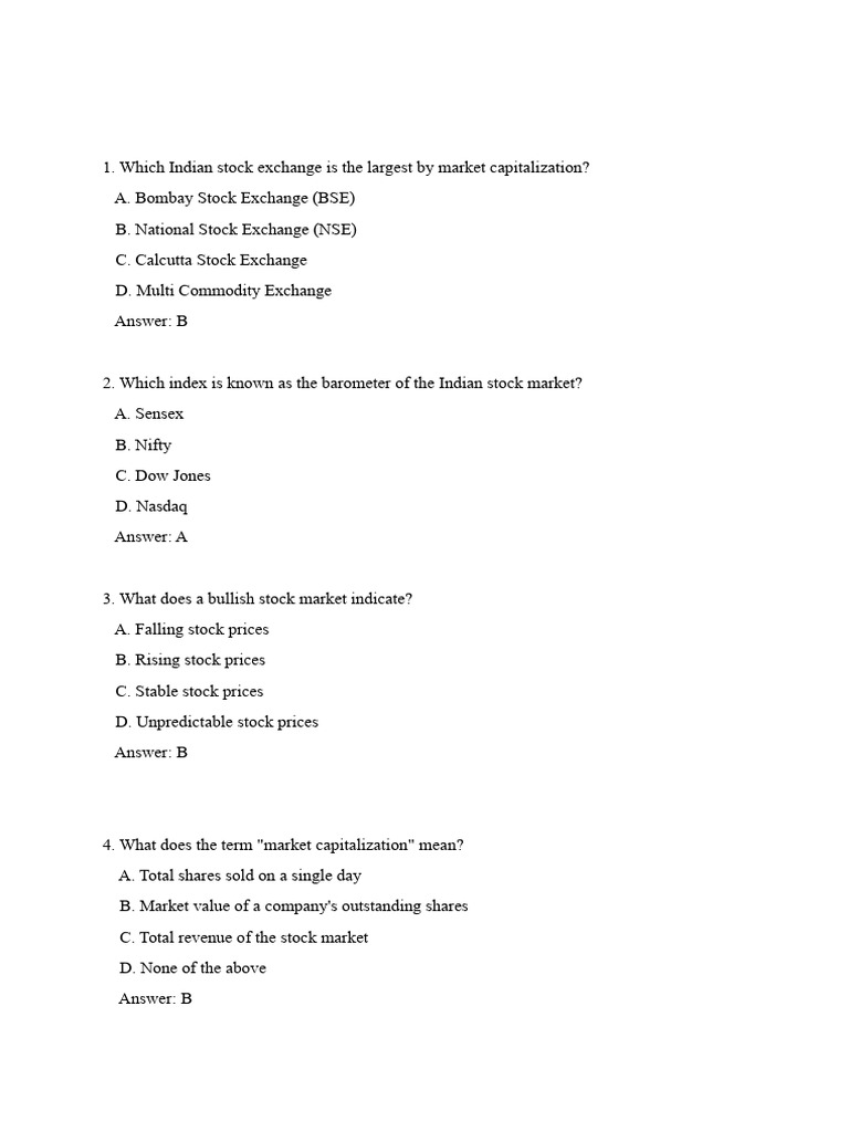 Indian Stock Market Quiz Questions | PDF | Insurance | Stocks