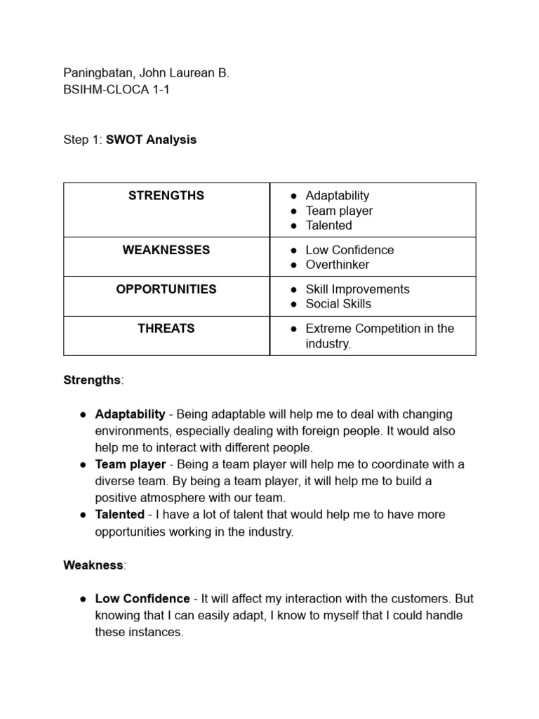 SWOT Analysis and Career Goals in Culinary | PDF | Chef | Cuisine