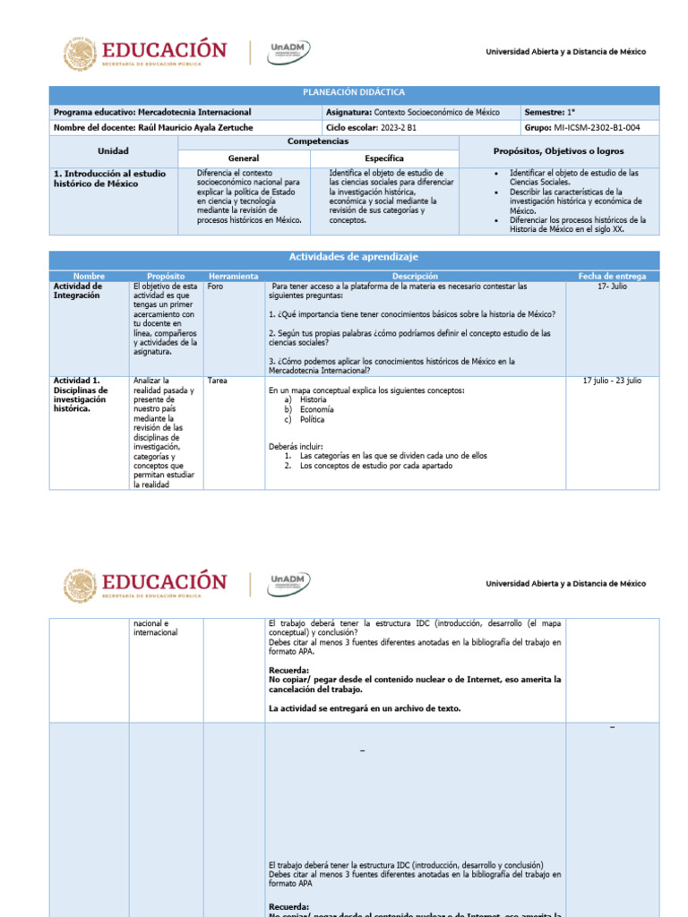 Planeacion Didactica U1 | PDF | México