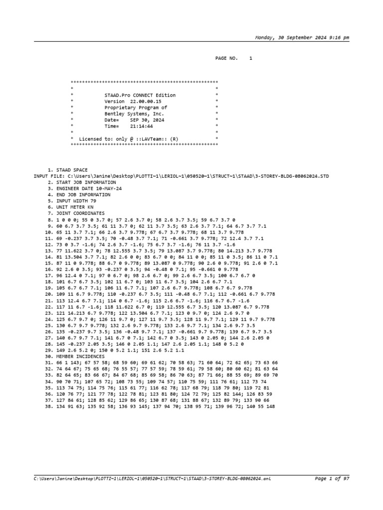 Lavayna-Staad Results 09302024 | PDF | Structural Engineering | Structural Analysis