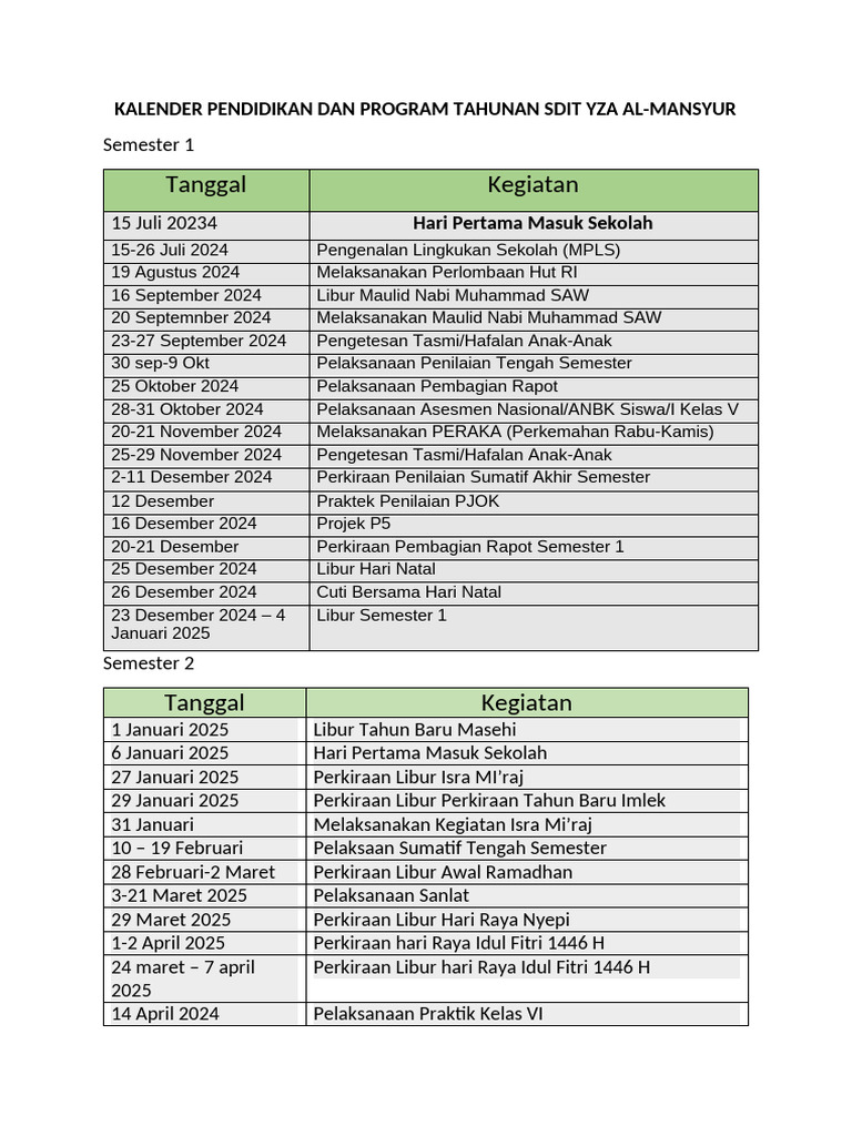 Kalender Pendidikan Dan Program Tahunan Sdit Yza | PDF