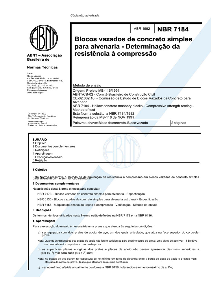 NBR 7184 - Bloco de Concreto - Resistencia A Compressão | PDF