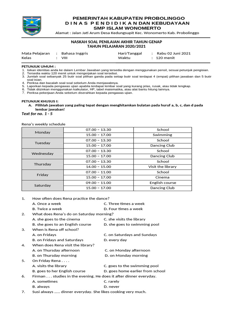 BAHASA INGGRIS VIII SOAL PAT Genap SMPIWN 2021 | PDF