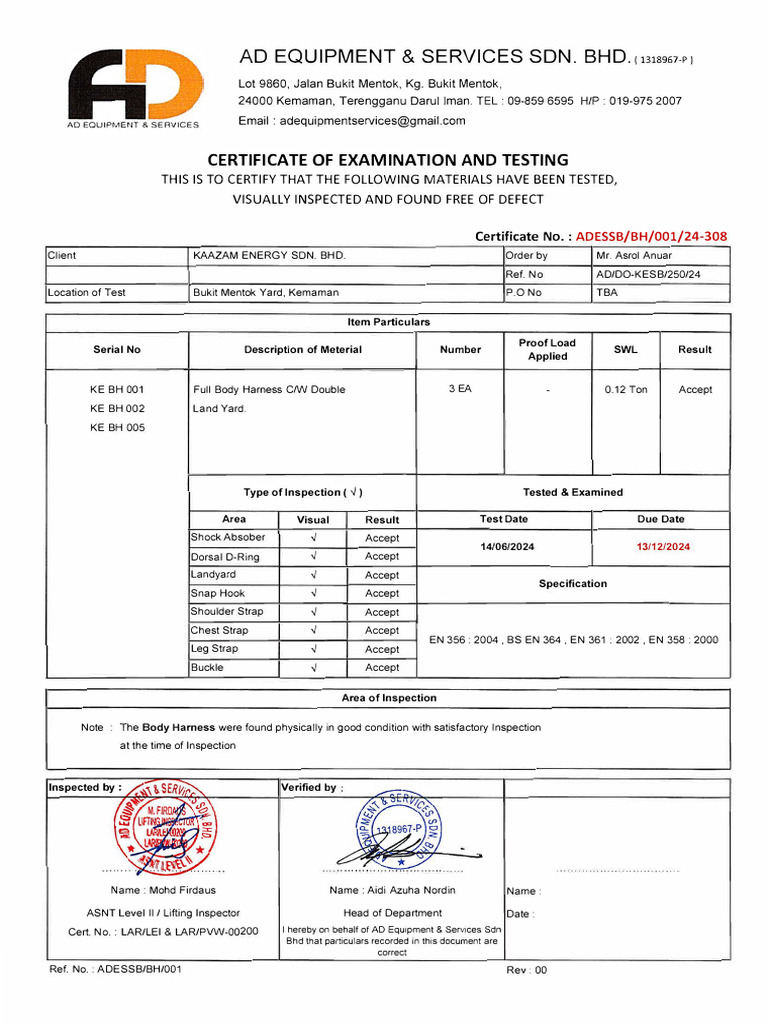 Certificate Body harness (13December'24) | PDF