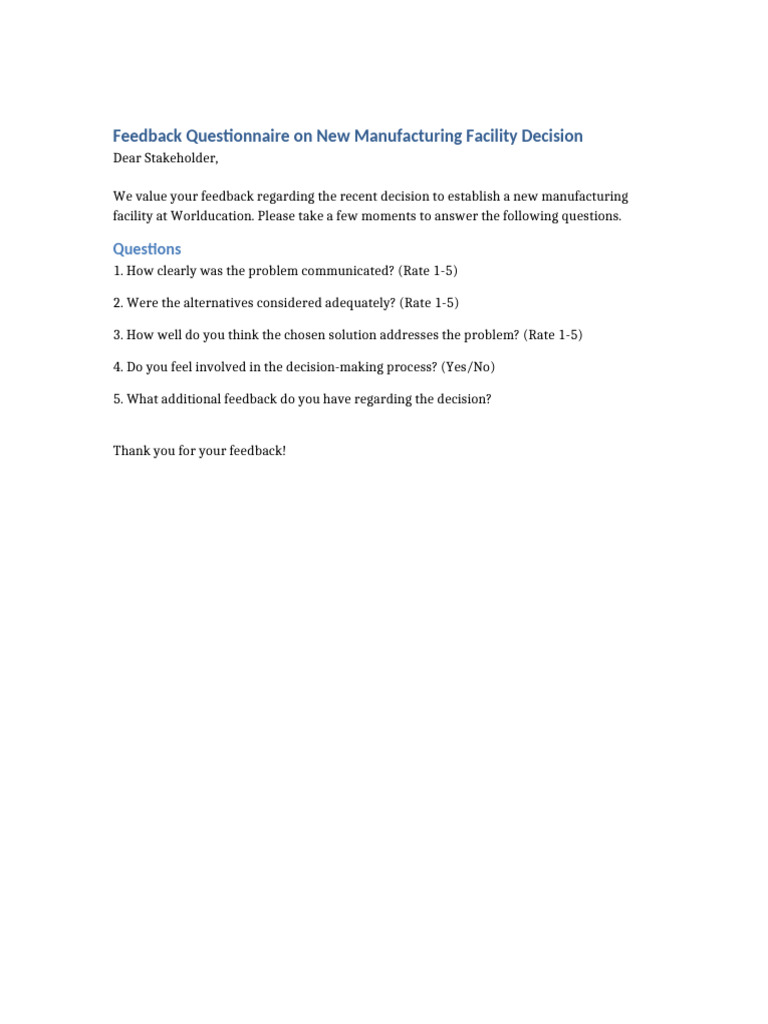 Feedback Questionnaire | PDF