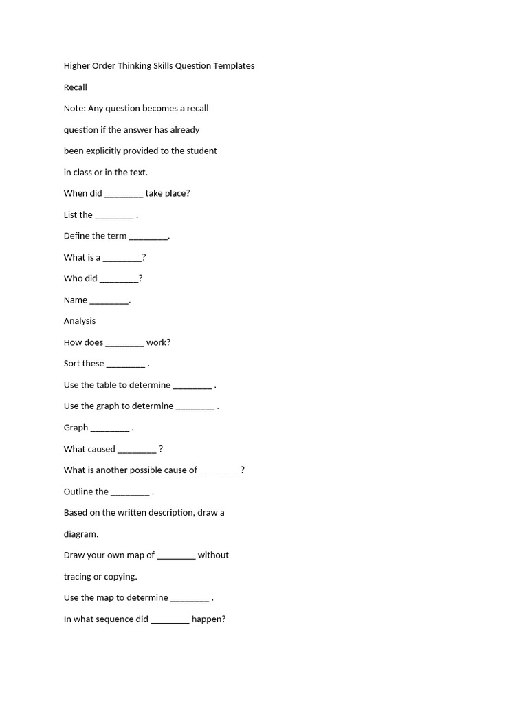 Higher Order Thinking Skills Question Templates | PDF | Information ...