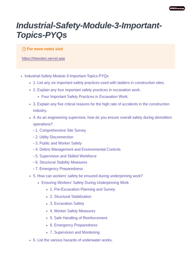Industrial Safety Module 3 Important Topics PYQs | PDF | Underwater Diving | Demolition