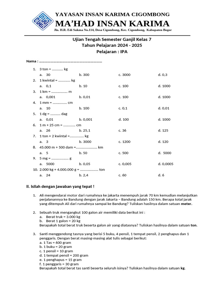 IPA Kelas 7 2024 UTS Remed | PDF