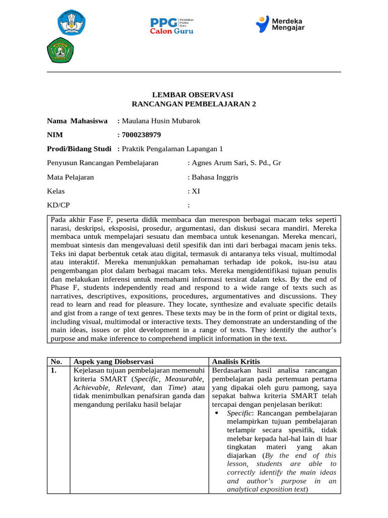 PPL 1 Topik 3 Lembar Observasi Rancangan Pembelajaran 2 - Maulana | PDF
