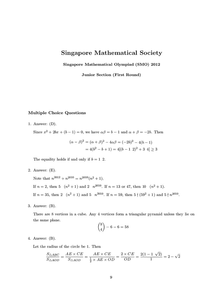Junior Section - First Round Solutions - SMO Singapore Mathematical Olympiad 2012 | PDF ...