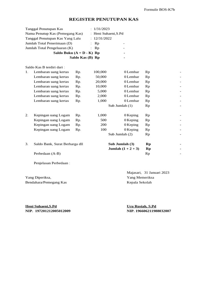 Register Penutupan Kas BOS-K7b | PDF
