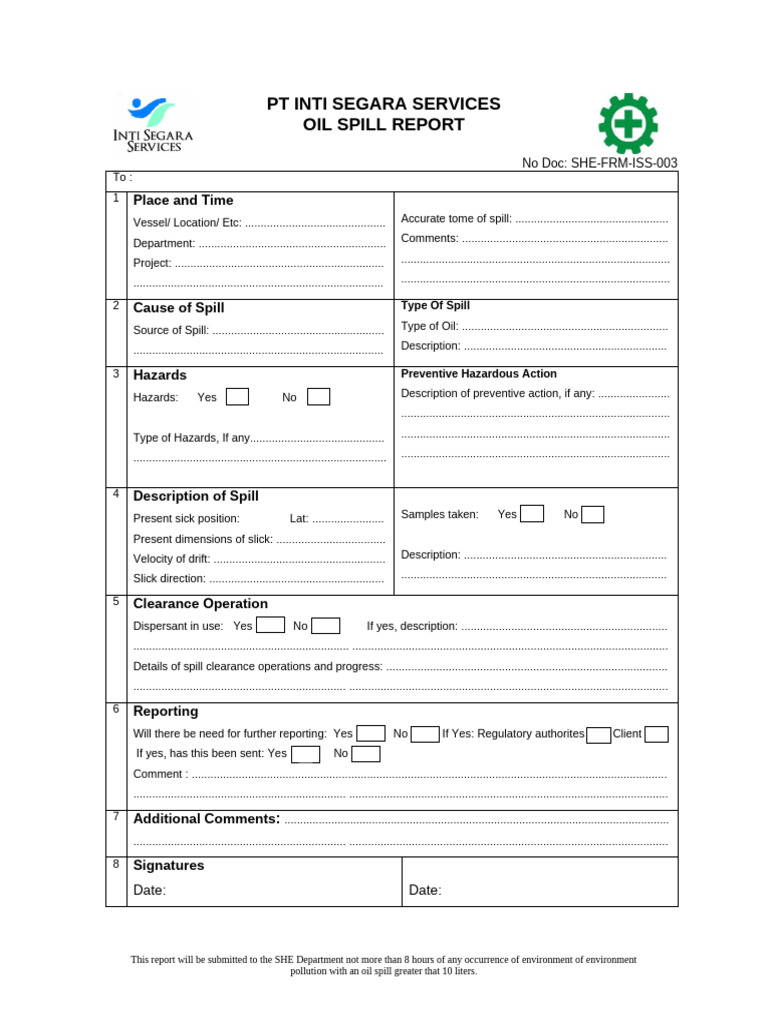 She FRM Iss 003 Oil Spill Report | PDF | Oil Spill | Petroleum