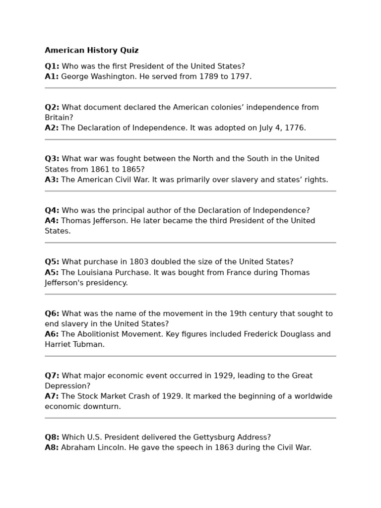 American History Quiz Questions | PDF