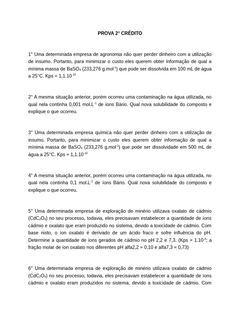Questões de Prova 2° Crédito | PDF | Ph | Química