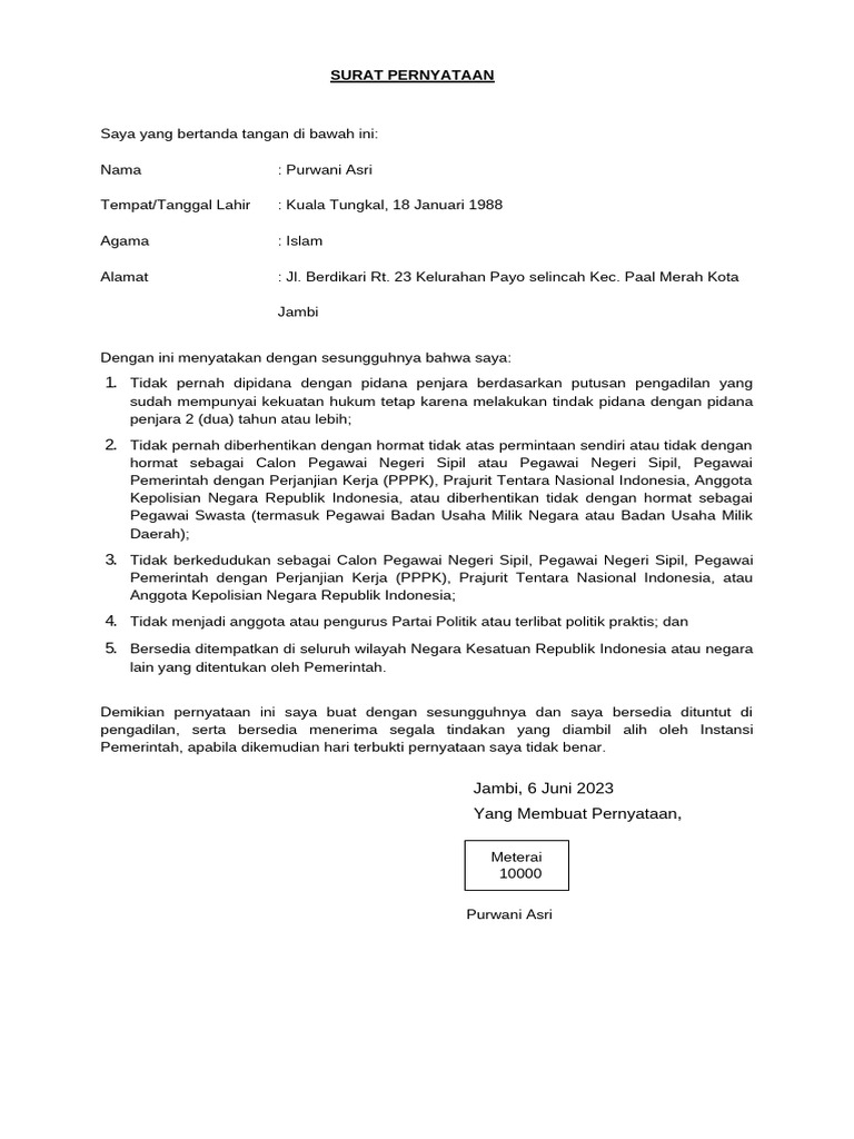 Format Surat Pernyataan Pppk-1%5b1%5d | PDF