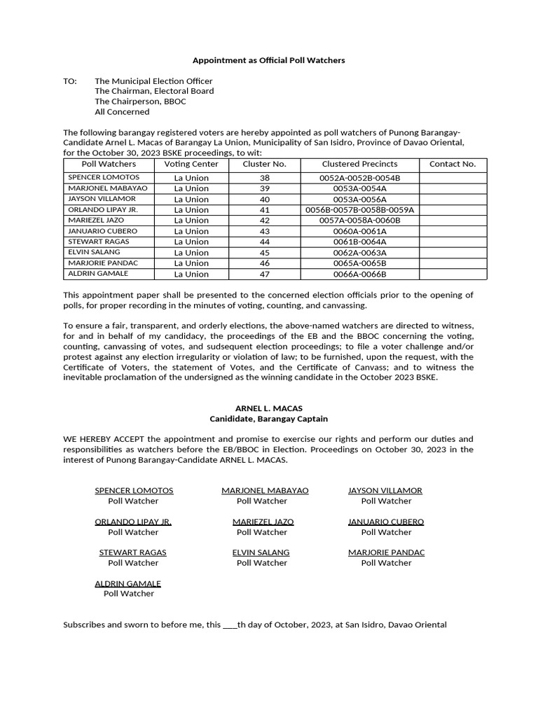 Appointment As Official Poll Watchers | PDF | Political Corruption ...