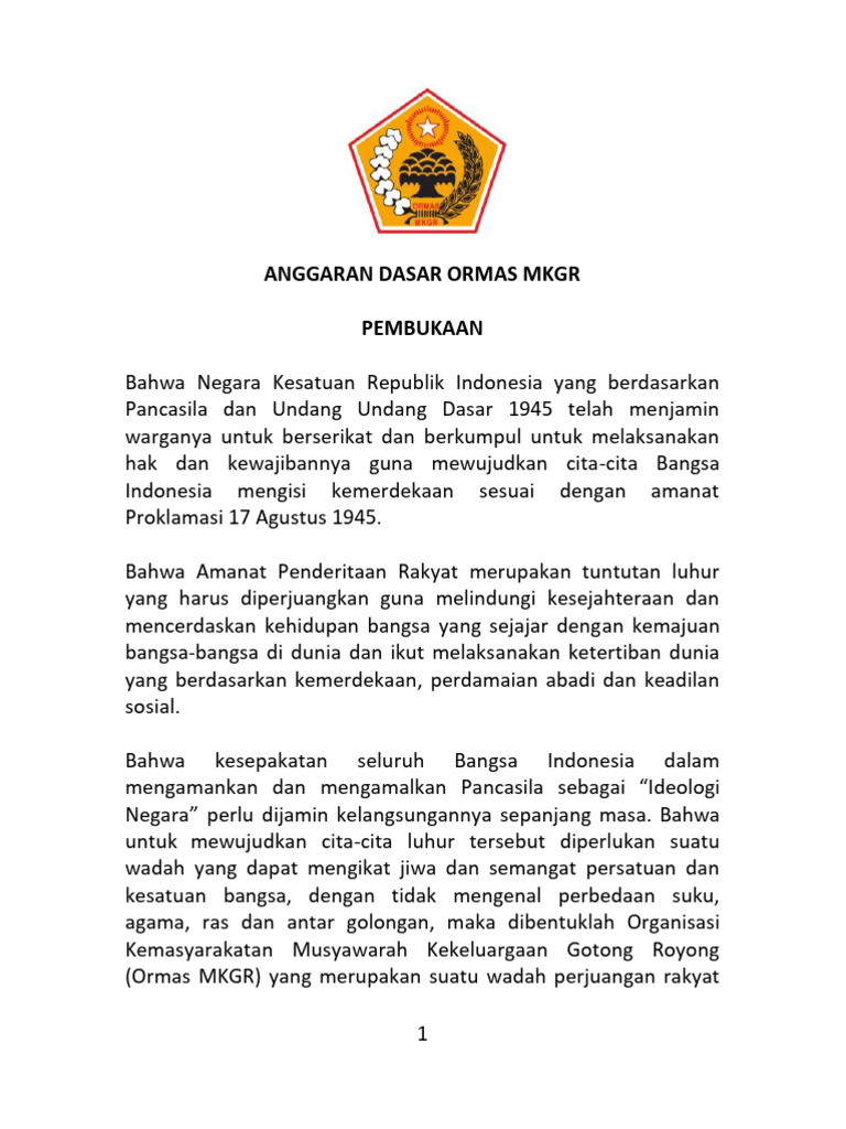 Anggaran Dasar Ormas MKGR Indonesia | PDF