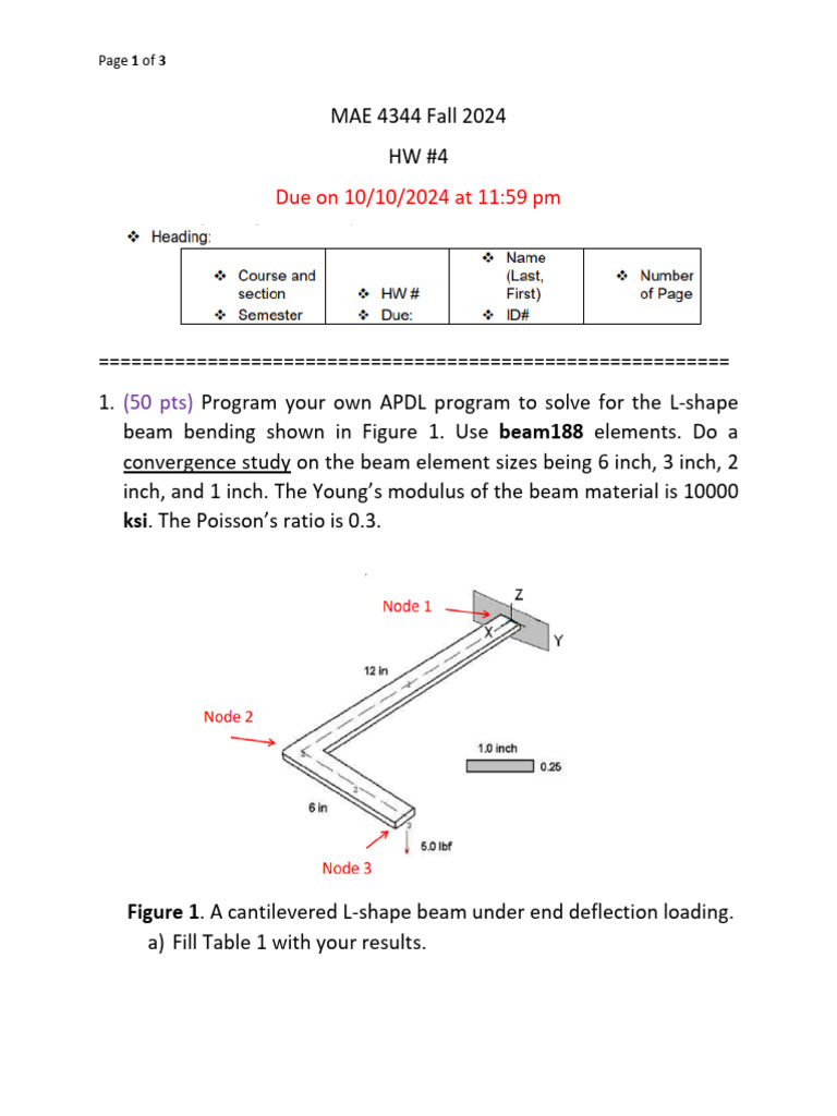 MAE 4344 HW4 Fall 2024 | PDF | Beam (Structure) | Stress (Mechanics)