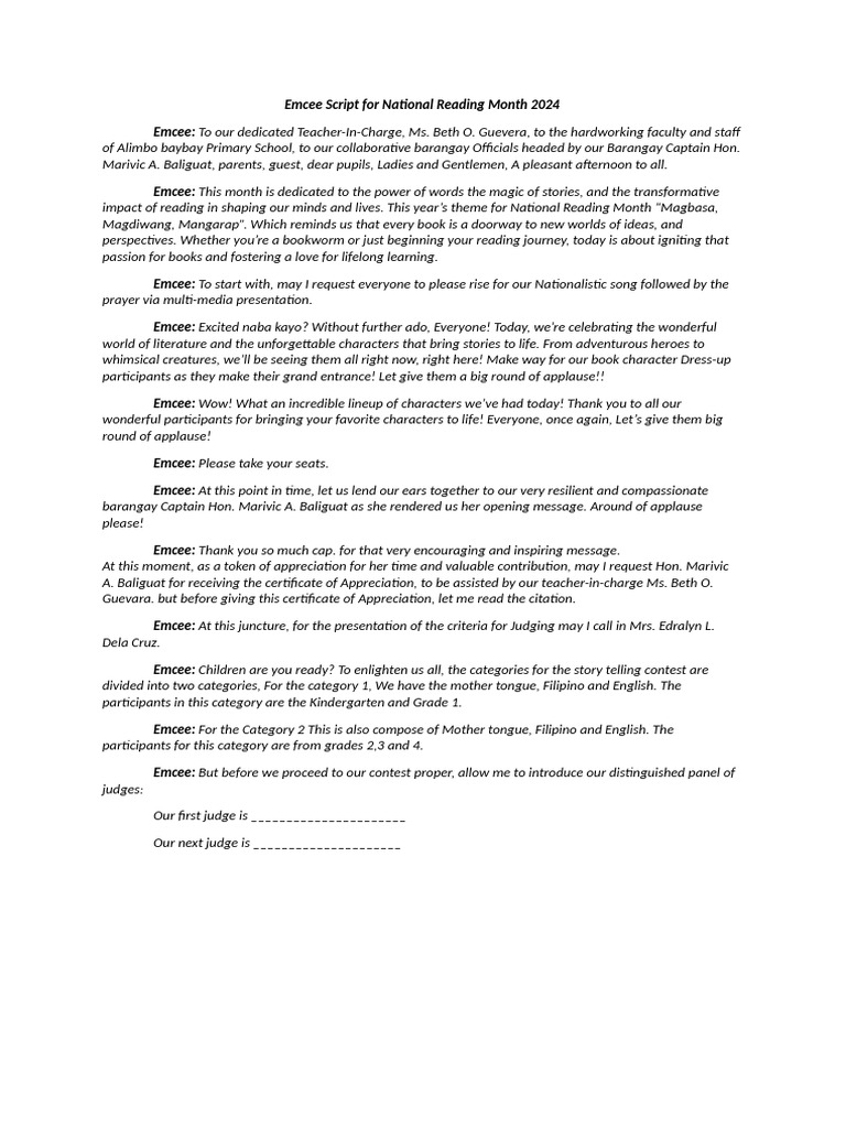 Emcee Script For National Reading Month 2024 | PDF
