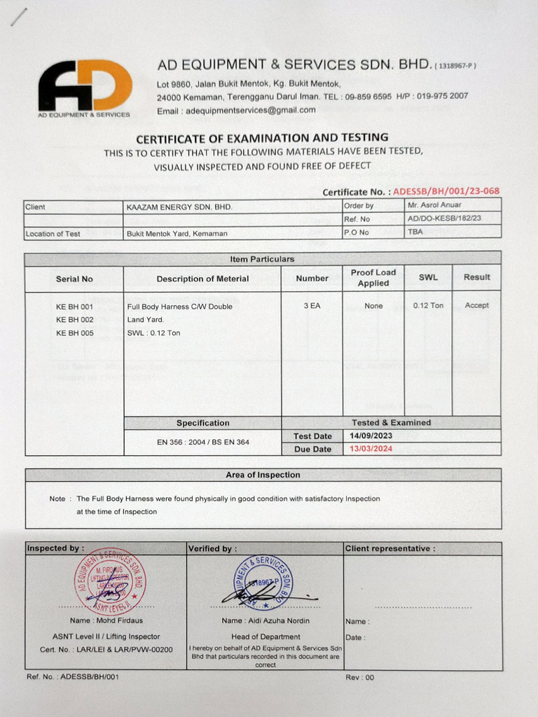 Certificate Body Harness (13march'24) | PDF