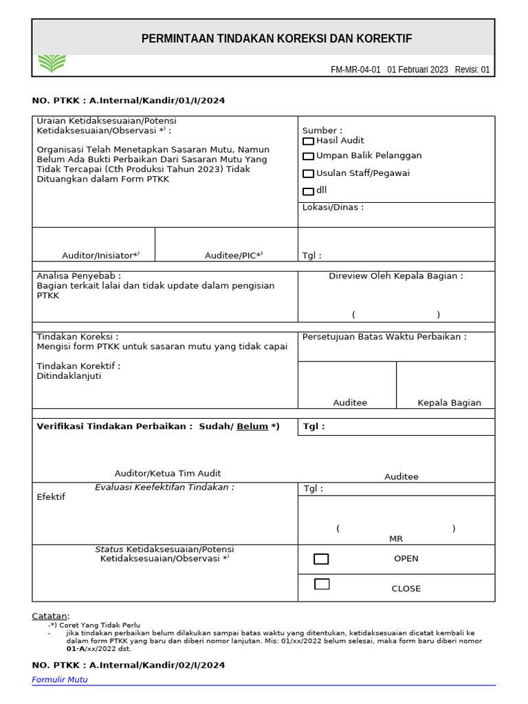 Permintaan Tindakan Koreksi Mutu PT Sinergi | PDF