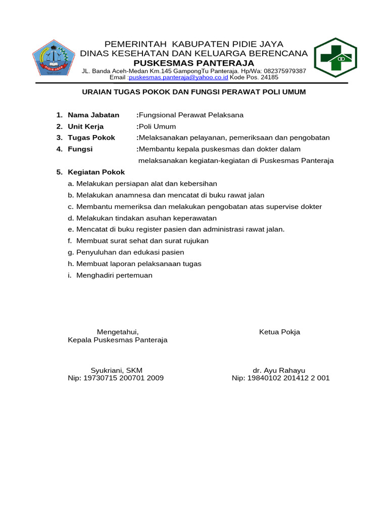 Tugas Pokok Dan Fungsi Perawat Poli Umum | PDF