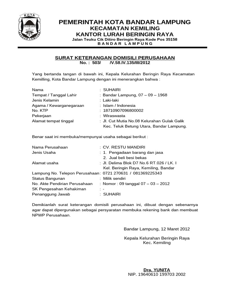 Contoh Surat Keterangan Domisili Perusahaandoc | PDF